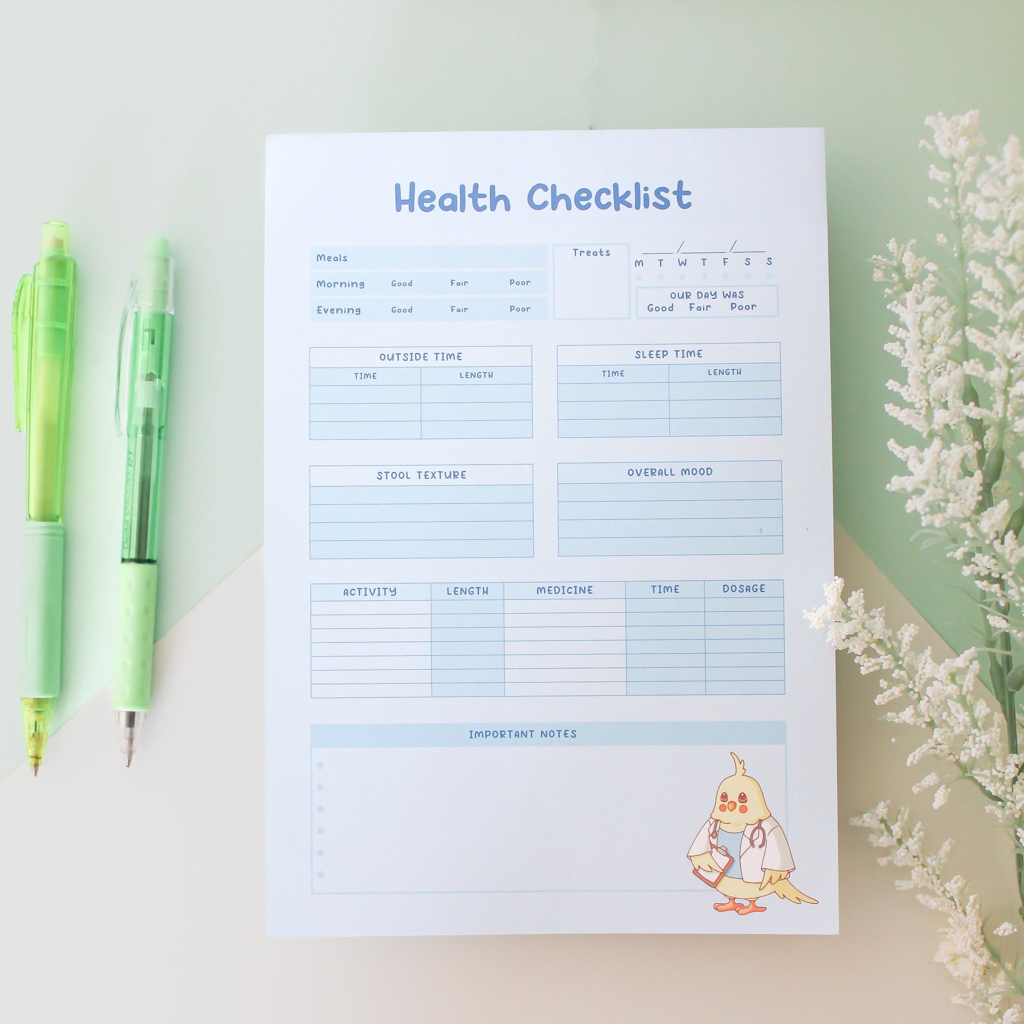 Blue Health Checklist - Notepad - Feather Beautiful